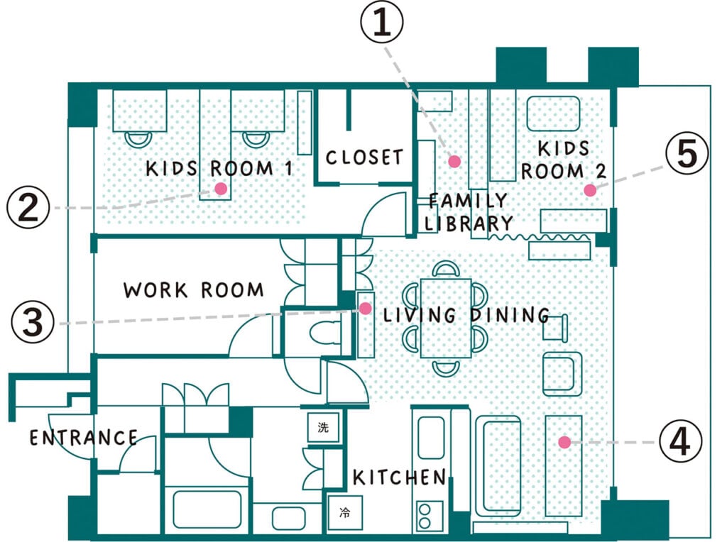 【マンション「間取り図」実例】リノベはせず、家具やカーテンで仕切って息子3人の“個室”に＜77m2／2LDK＞ | LEE