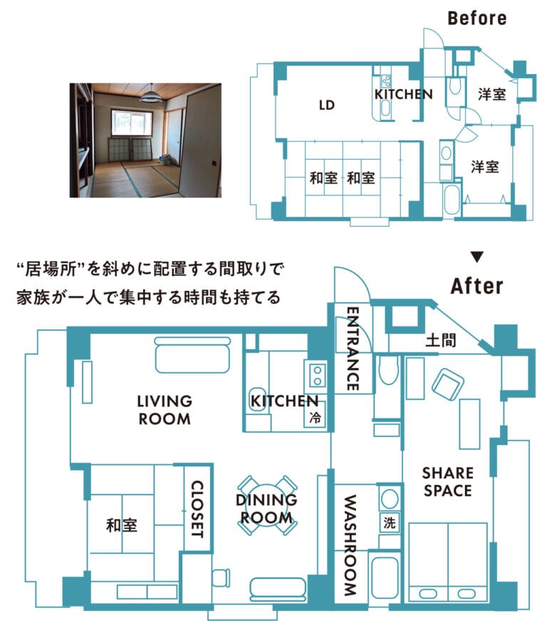 【LEEリノベ大賞 準グランプリ】天然素材が心地いい家！70㎡、間取りを4LDK→2LDKにリノベーション | LEE