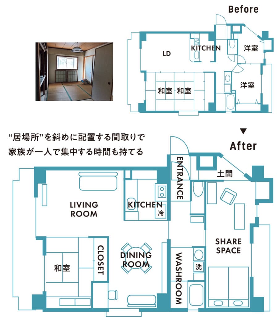 【LEEリノベ大賞 準グランプリ】天然素材が心地いい家！70㎡、間取りを4LDK→2LDKにリノベーション | LEE